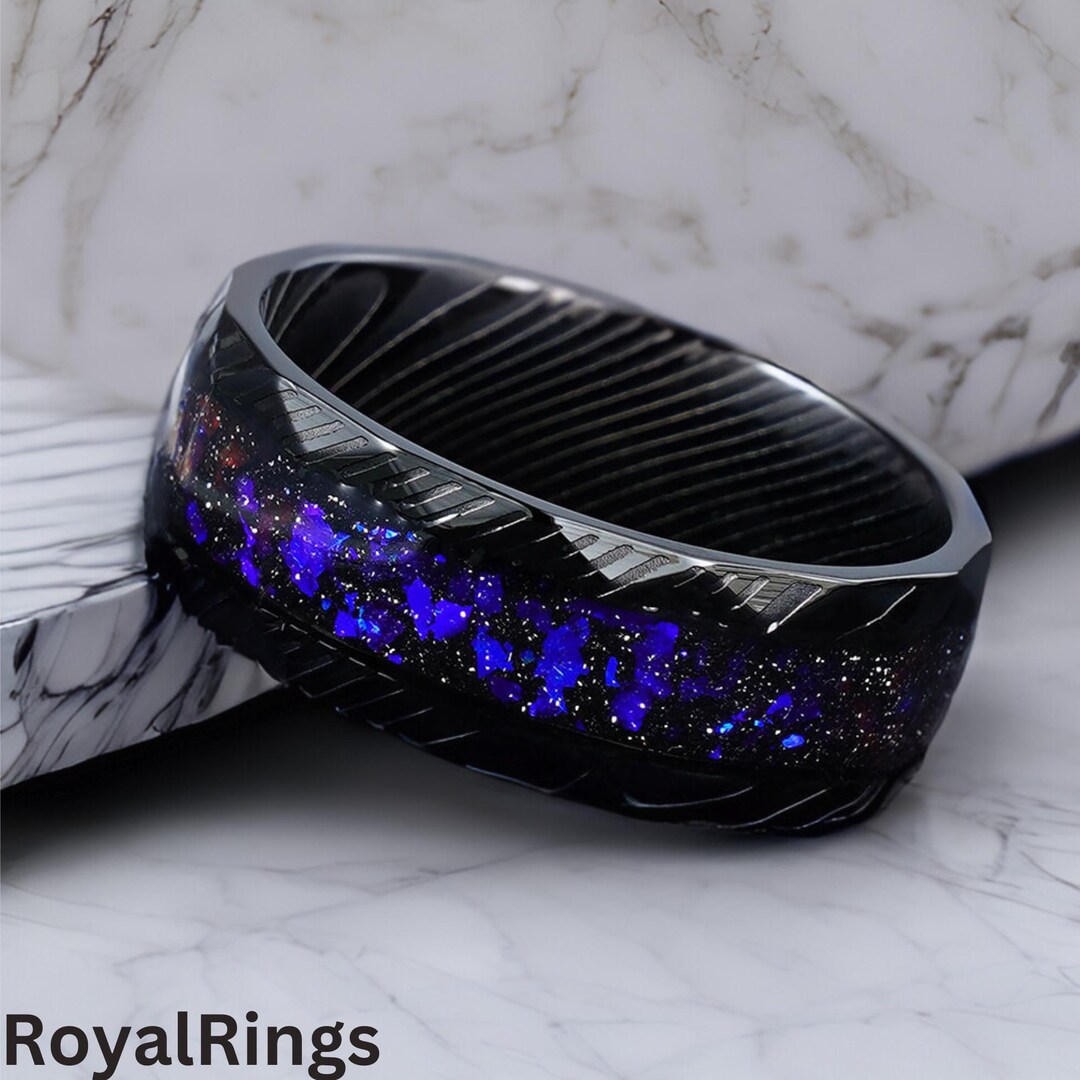 Purple Nebula Tungsten Damascus Steel Ring: Hammered Wedding Band - Etsy
