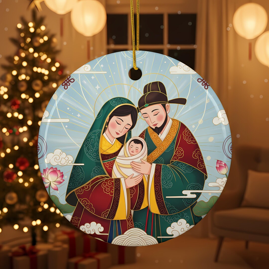 Asian Holy Family Christmas Ornament, Double Sided Ceramic Nativity ...