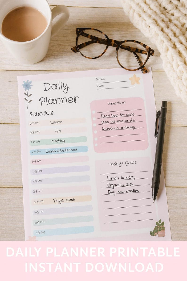 Cute Daily Planner Printable PDF | Aesthetic Daily Schedule Page ...