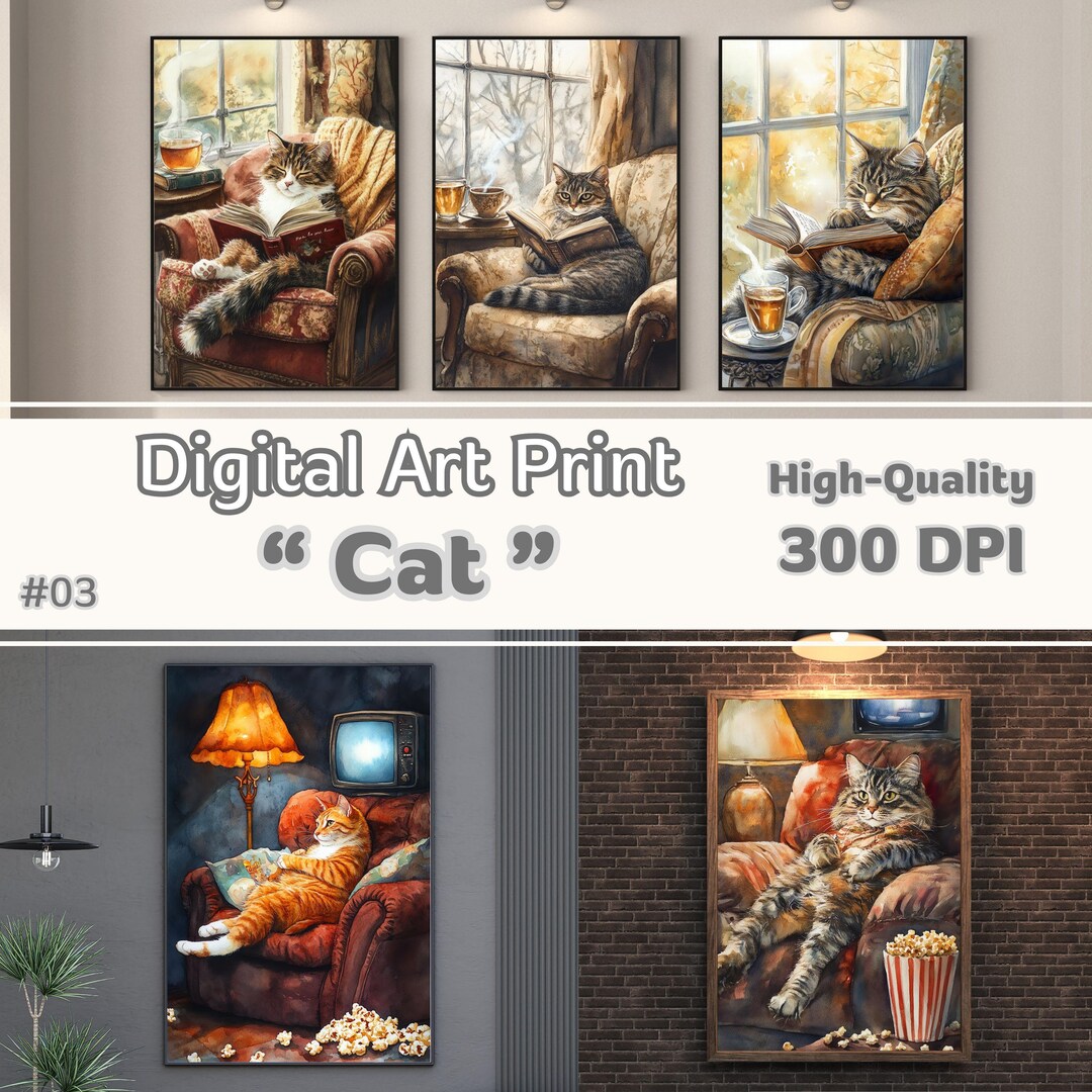 Cat Watercolor Digital Art, Cat Reading & Watching Movie Print, Printable Cat Art, Digital ...