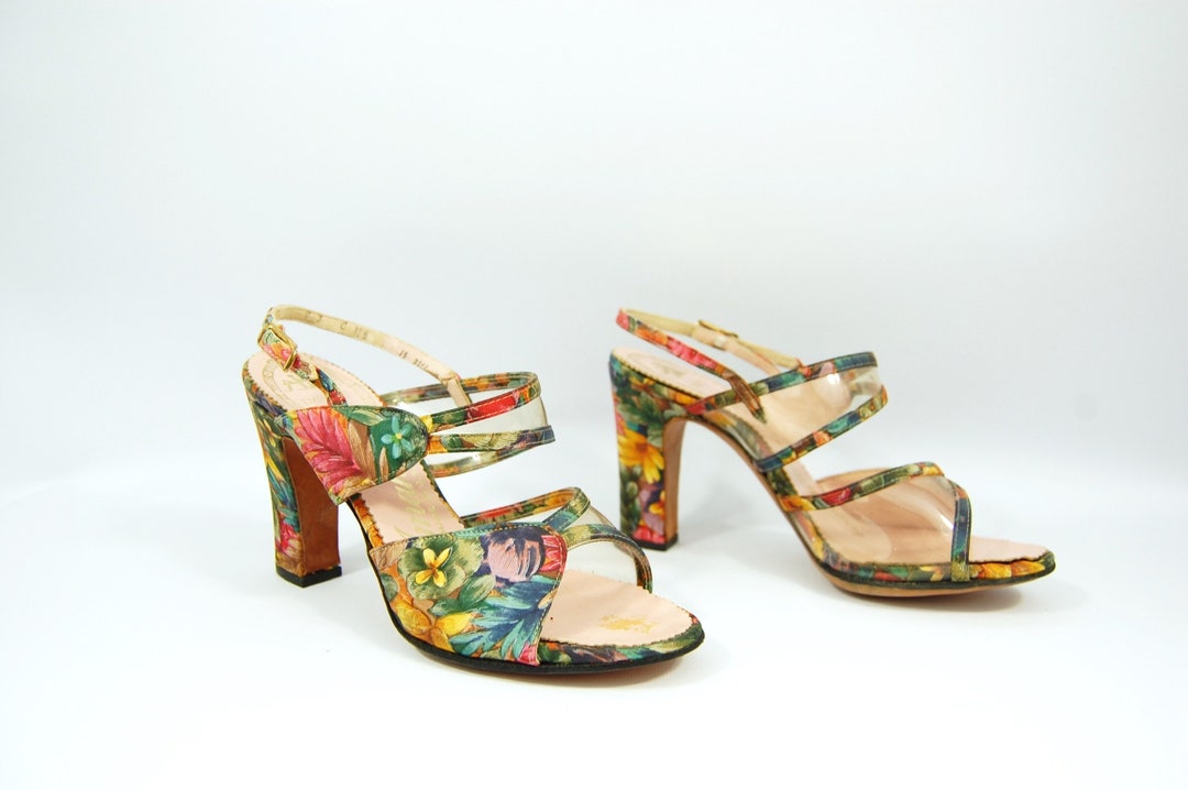 1950s 1960s Tropical Strappy Pumps / Size 4 1/2 B / Colorful Floral ...