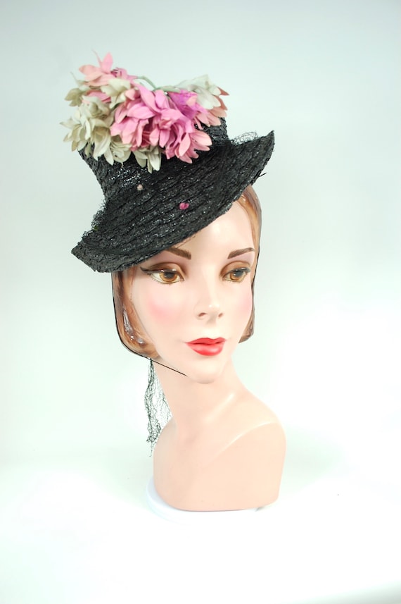 1930s 1940s Black Straw Topper Hat / Ladies Floral Sp… - Gem