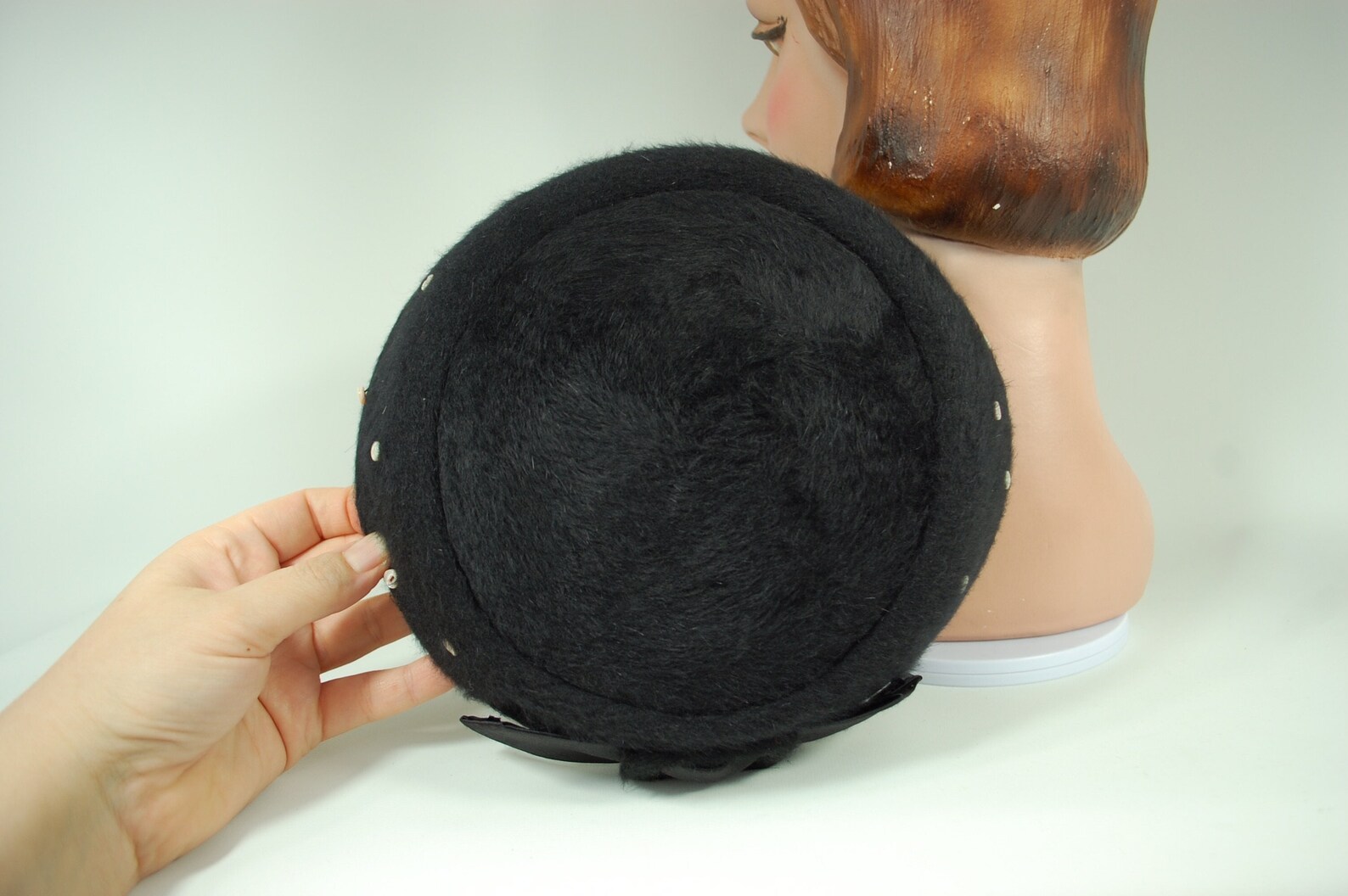 Mid 1950s Black Saucer Hat / Fur Felt Wieboldt's Polka Dotted Mother of ...