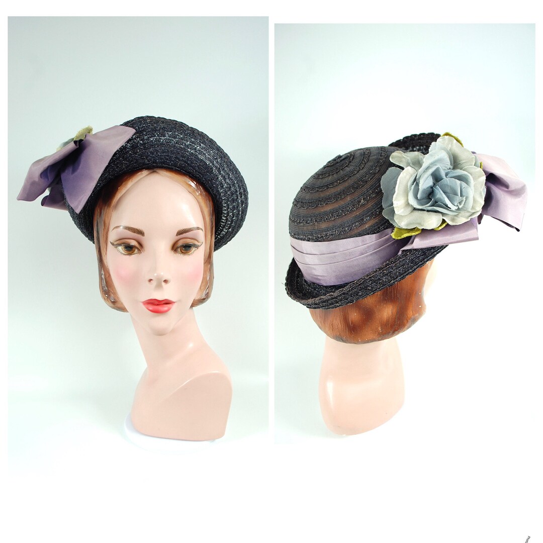 Late 1940s Straw Floral Hat / Face Framing Wide Brimmed 40s Straw ...