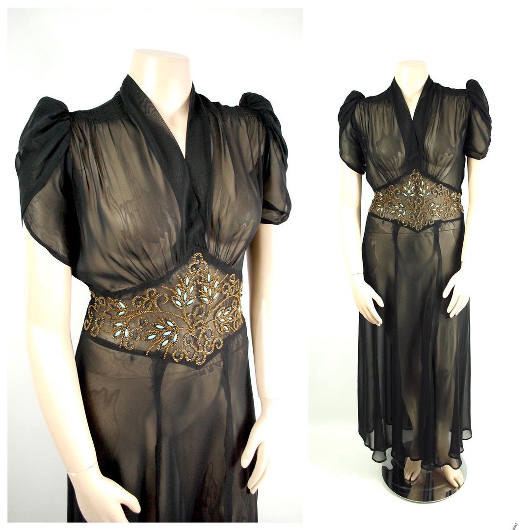 VOLUP Late 1930s Sheer Black Gown / 34 36 Waist / Formal Floor Length ...