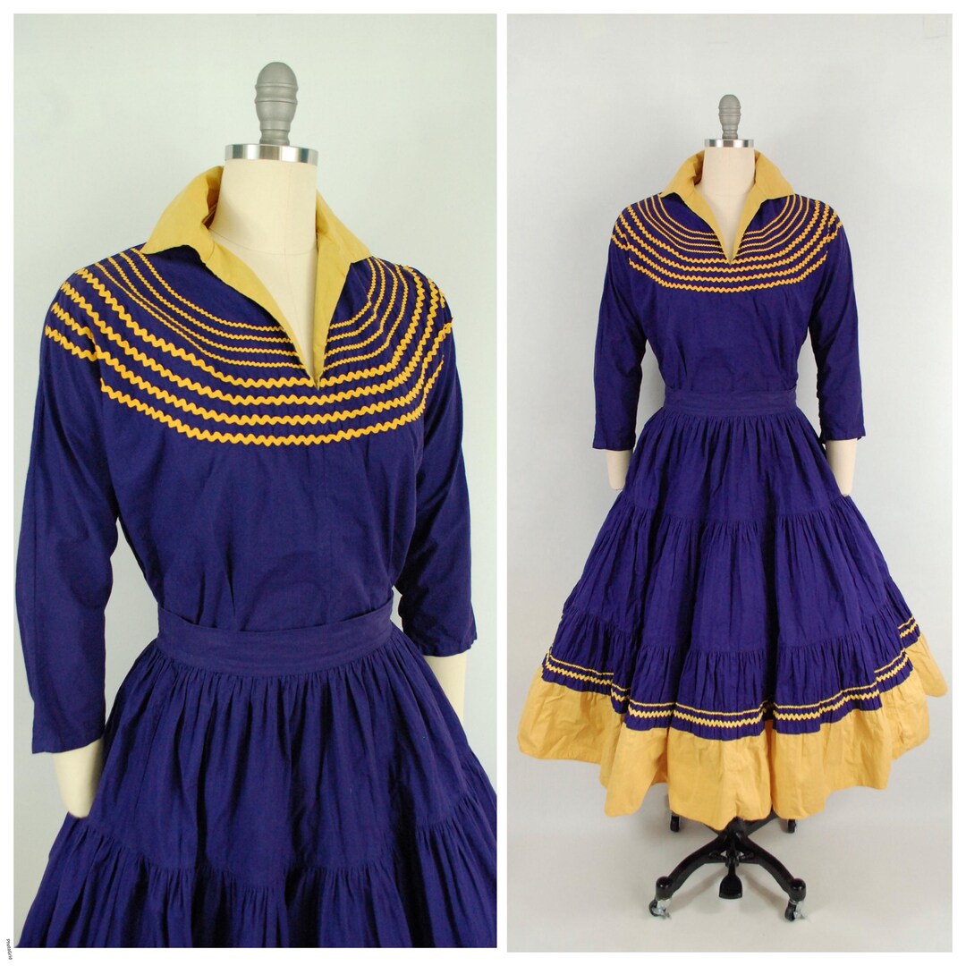 Mid 1950s Patio Set Circle Skirt and Blouse / 30 Waist / Purple and Gold Rick Rack by Albera ...
