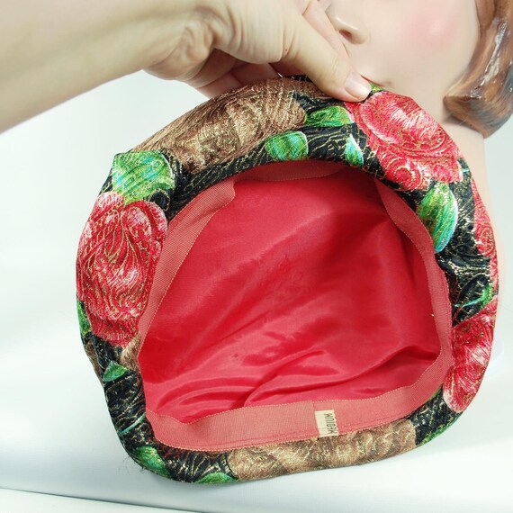1960s Metallic Brocade Beret Hat / Red Black Green Br… - Gem