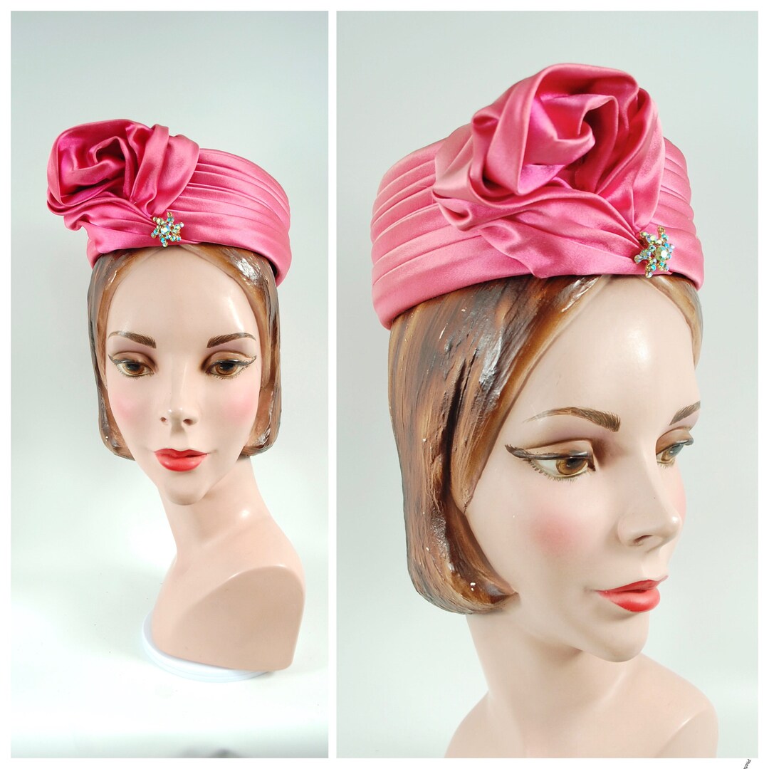 1960s Pink Satin Toque Hat / Turban Pillbox Pleated Rhinestone Lorraine ...