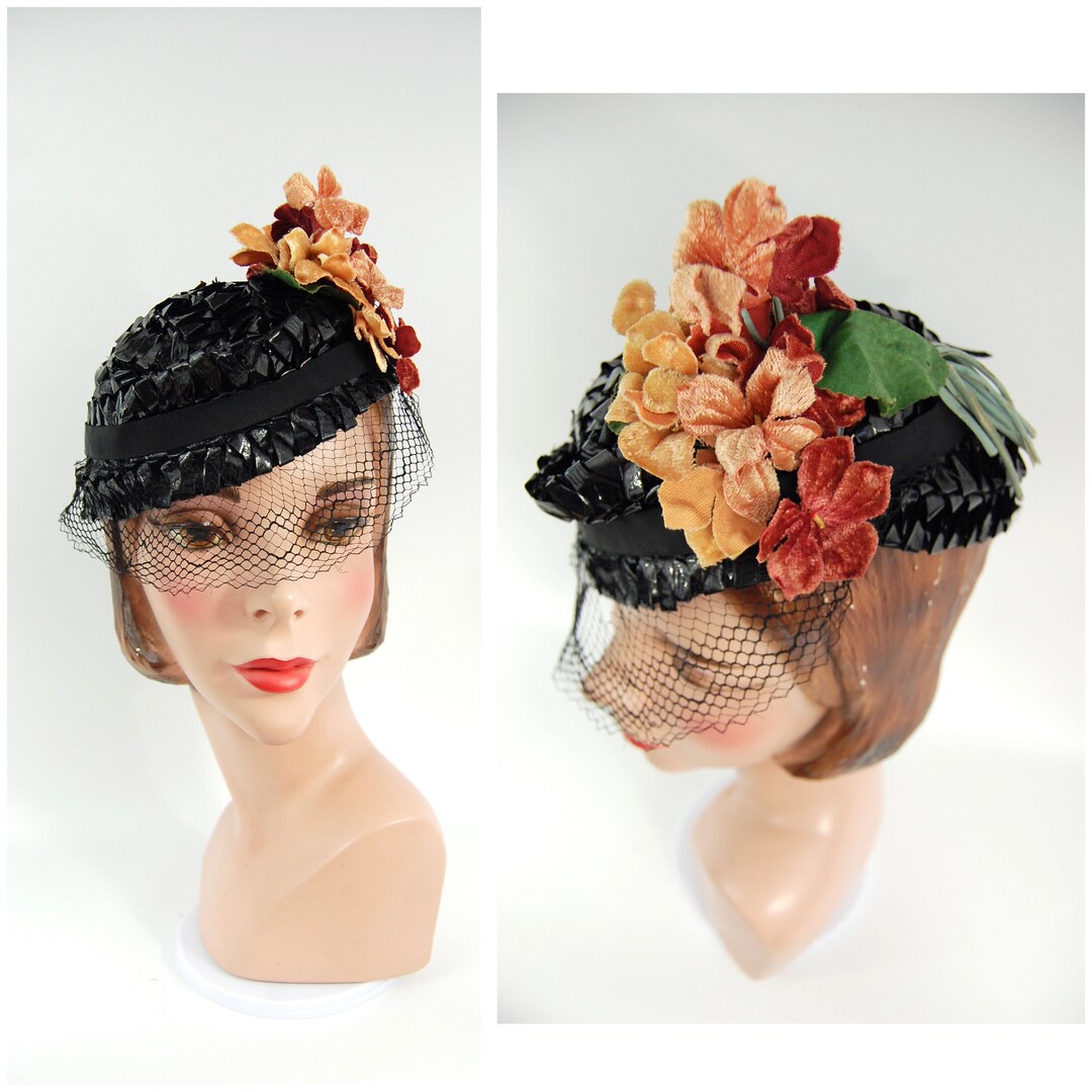 1930s Spring Summer Hat / Black 30s Straw Cellophane Straw Veiled Cap ...