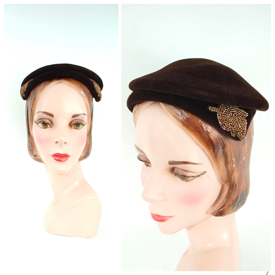 1950s Chocolate Brown Velour Hat With Bronze Steel Beaded - Etsy
