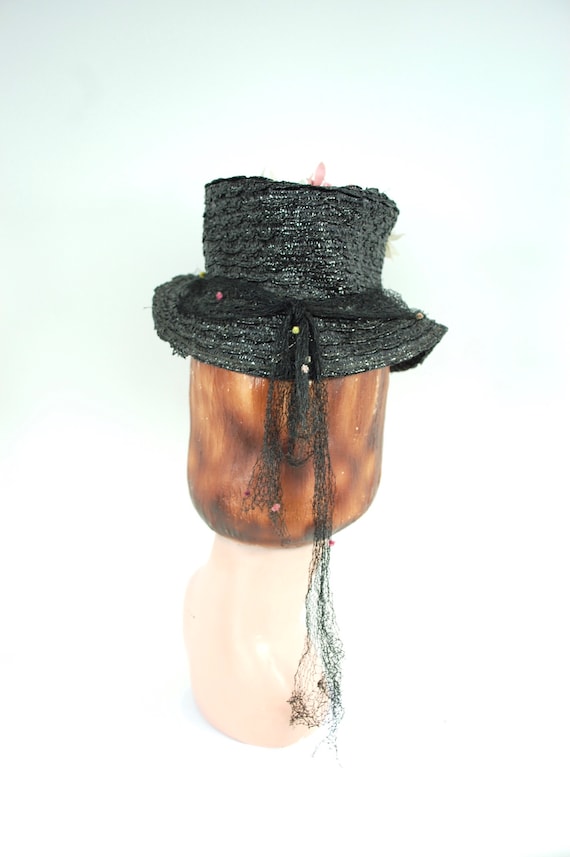 1930s 1940s Black Straw Topper Hat / Ladies Floral Sp… - Gem