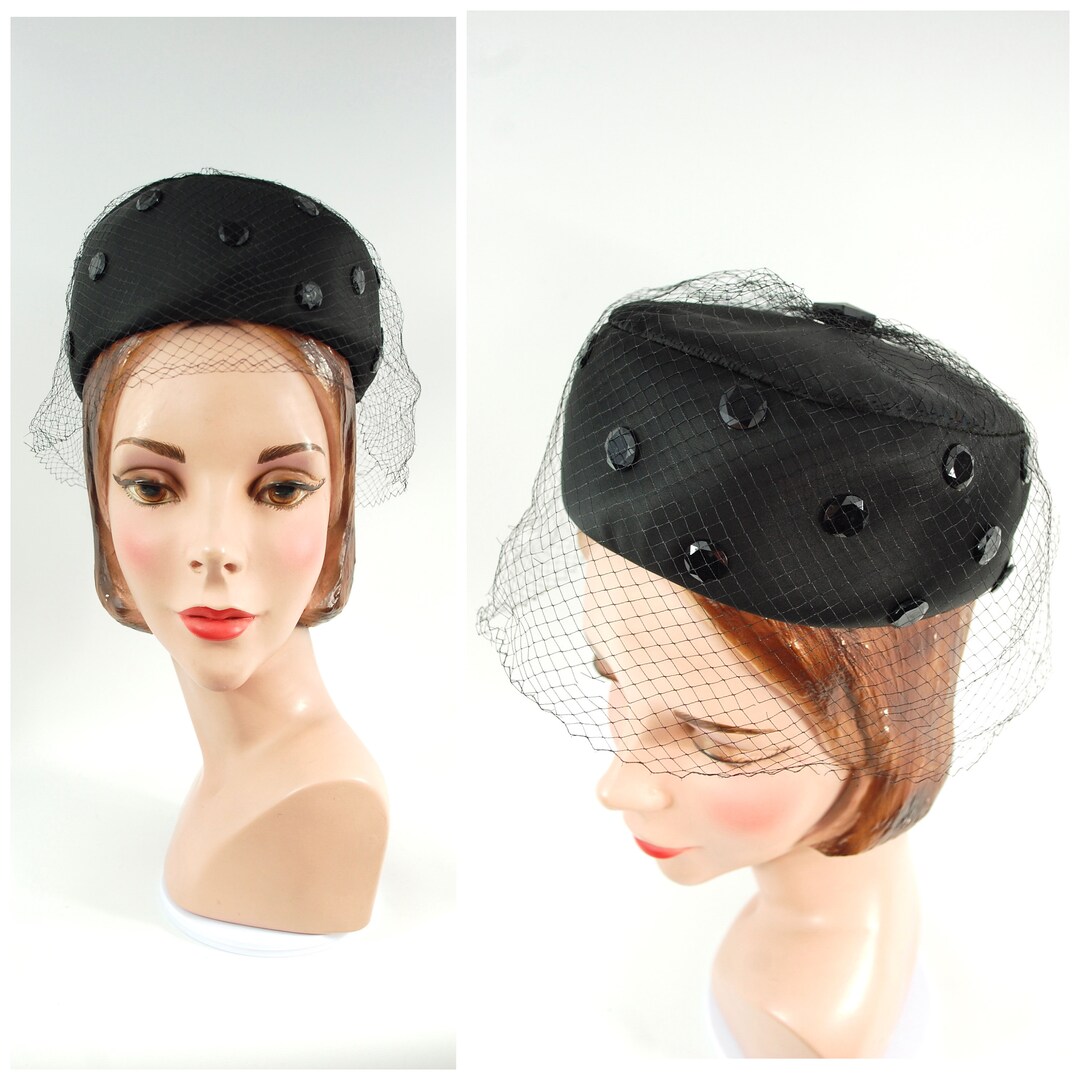 Early 1960s Black Satin Pillbox Hat / Rhinestones Veiled Evening Fancy ...