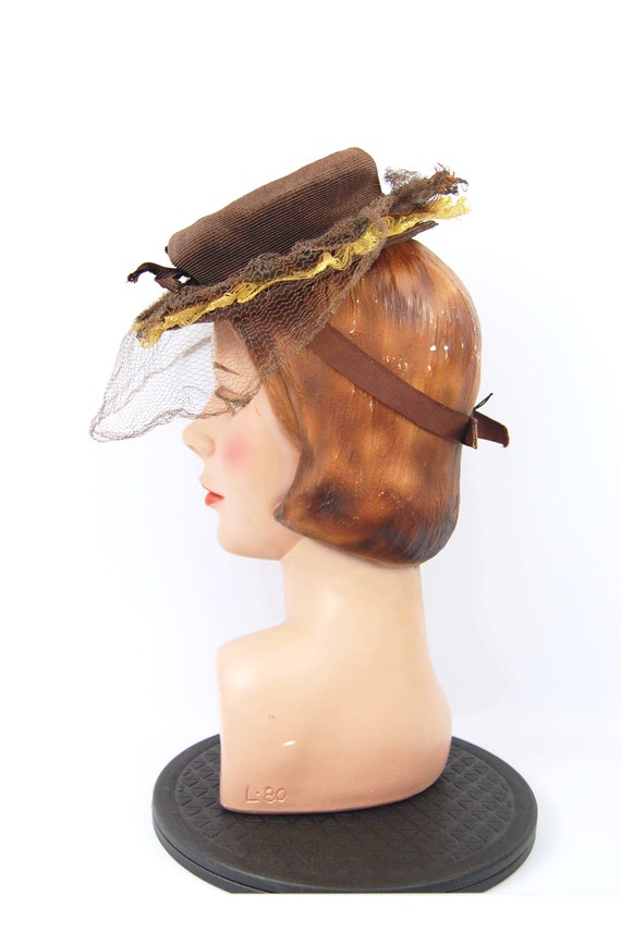 1940s Brown Topper Hat Toy Tilt Jaunty Veiled Mini Ha… - Gem