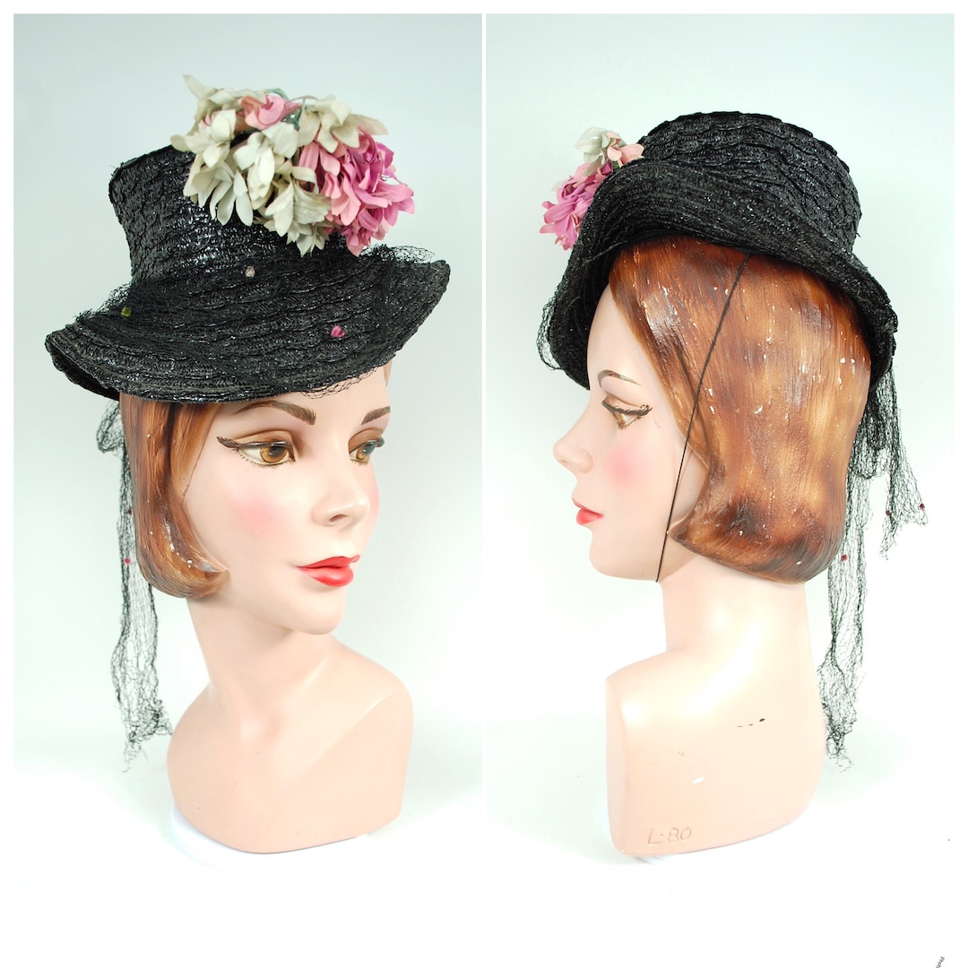 1930s 1940s Black Straw Topper Hat / Ladies Floral Spring Summer Top ...
