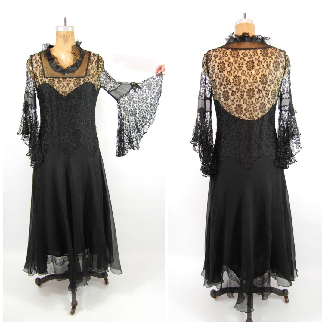 1920s 1930s Black Lace Flapper Dress - Gothic / 37 Bust / Uneven Hem ...