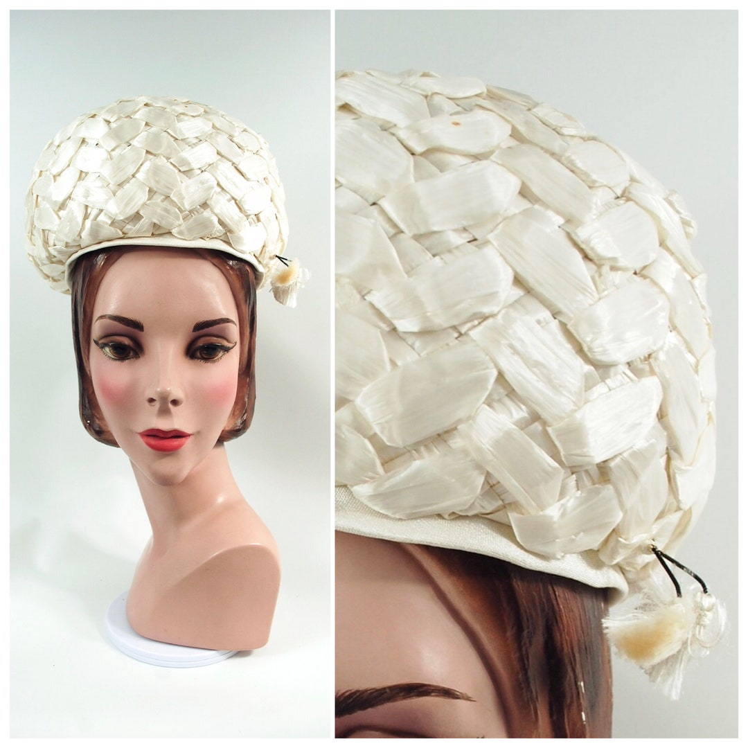 1960s White Cellophane Straw Dome Pillbox Hat / Rounded Mushroom Cap ...