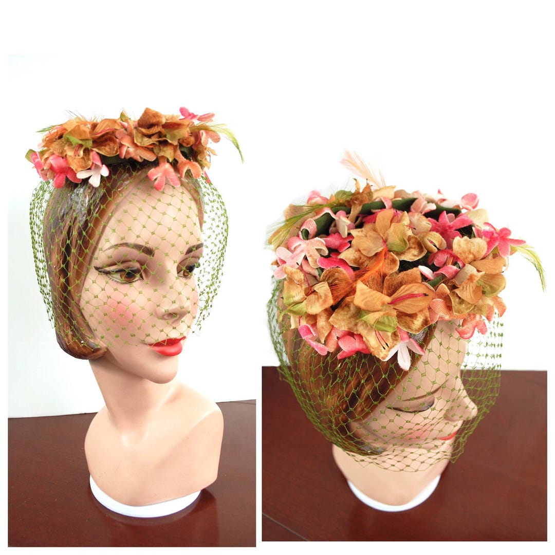 Late 50s Early 60s Pink and Green Floral Veiled Hat / Whimsey Veil Fascinator Cocktail Hat ...