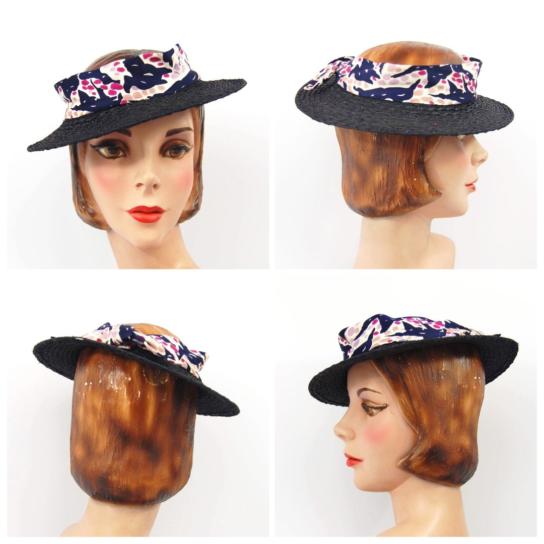 1930s Summer Straw Hat - Abstract Colorful Print Rayon Black Navy Blue ...