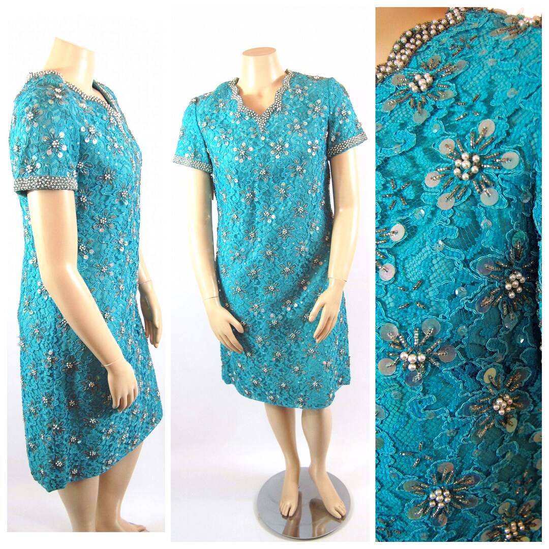 1960s Turquoise Cocktail Dress / 40 42 Bust / Aqua Blue Dress Heavily ...