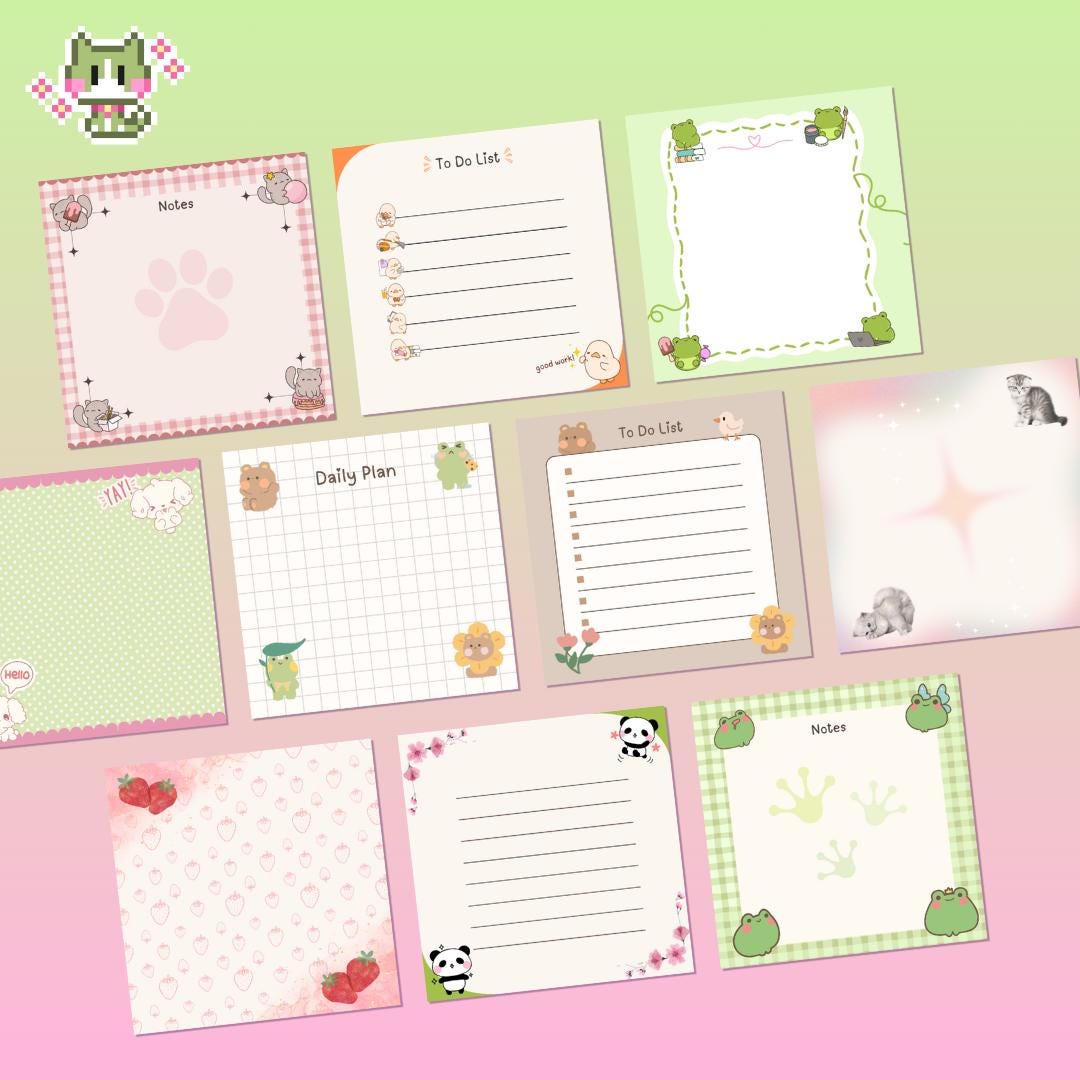 Cute Sticky Notes, Printable Kawaii Memo Pad With 10 Unique Designs ...