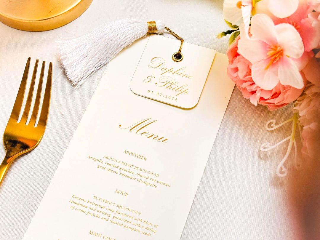 Wedding White and Gold Menu - Personalized Menu With Place Card ...