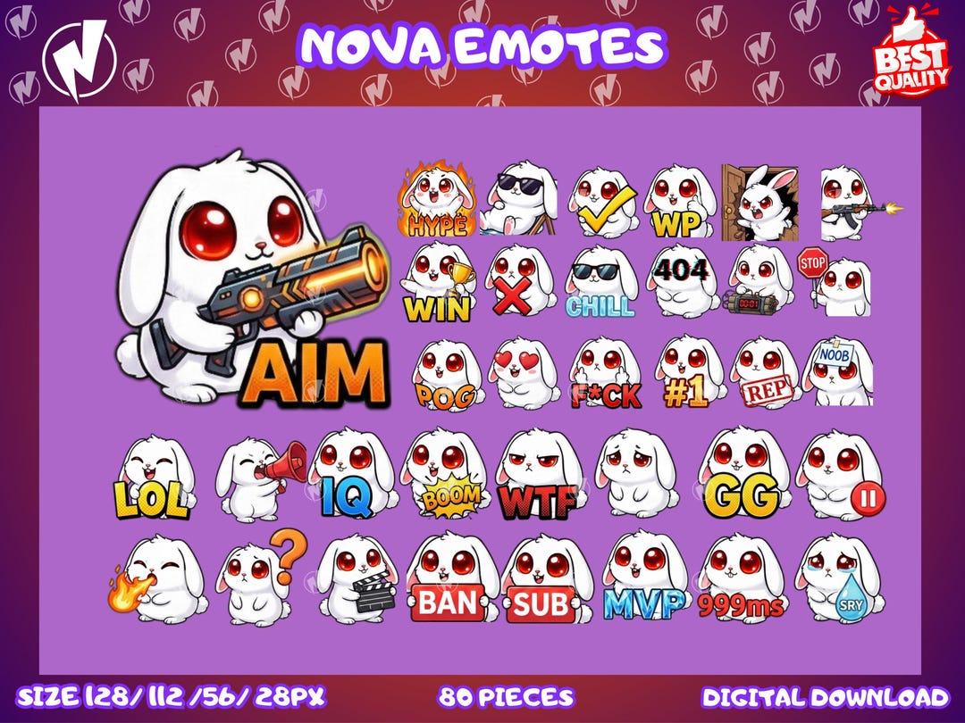 Cute Rabbit Emote Pack, Bundle for Streamers, Chibi Emotes for Twitch ...