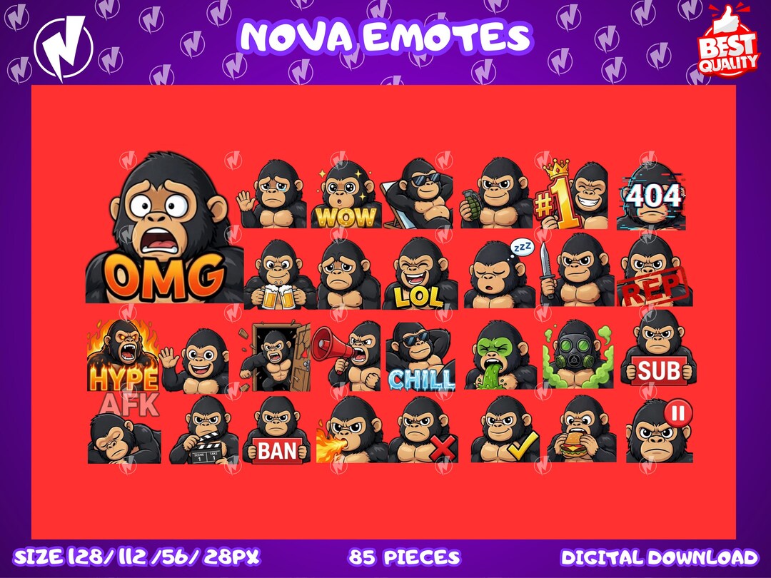 Cute Gorilla Emote Pack, Bundle for Streamers, Chibi Emotes for Twitch ...
