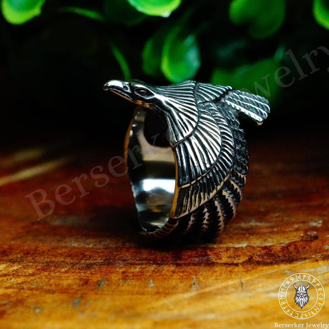 Black Raven Berserker Ring - Viking Style Ring, Flying Odin's Ravens ...