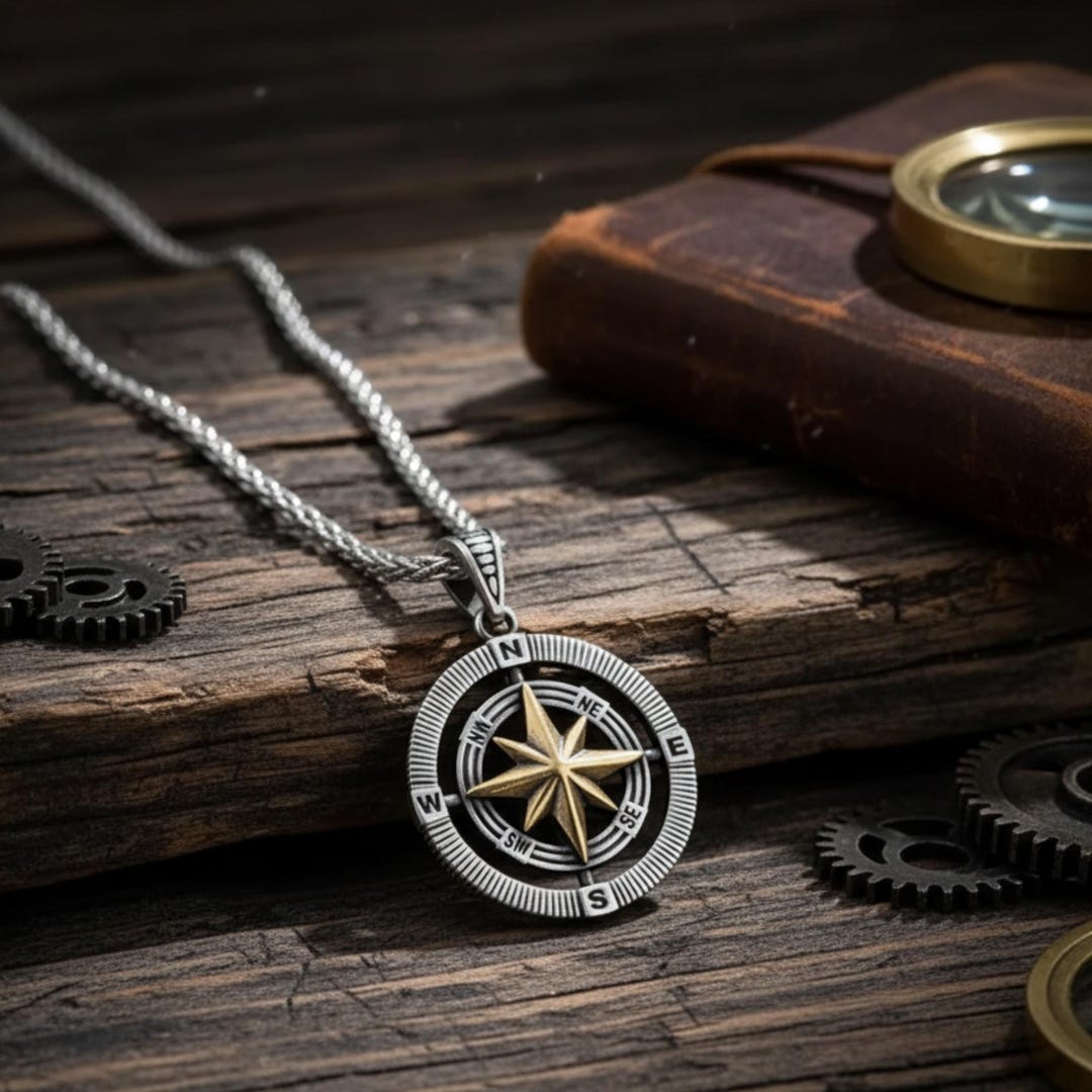 Compass Necklace, Double Sided Compass Necklace, North Star Compass ...