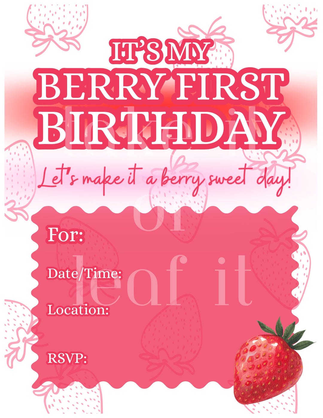 Berry First Birthday Invitation PDF | Printable Strawberry Theme | Fill ...