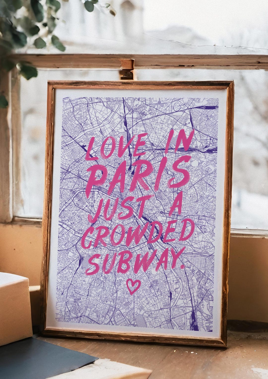 LOVE IN PARIS – Minimalist Poster, Pink Watermark Plan and Pink Brush ...
