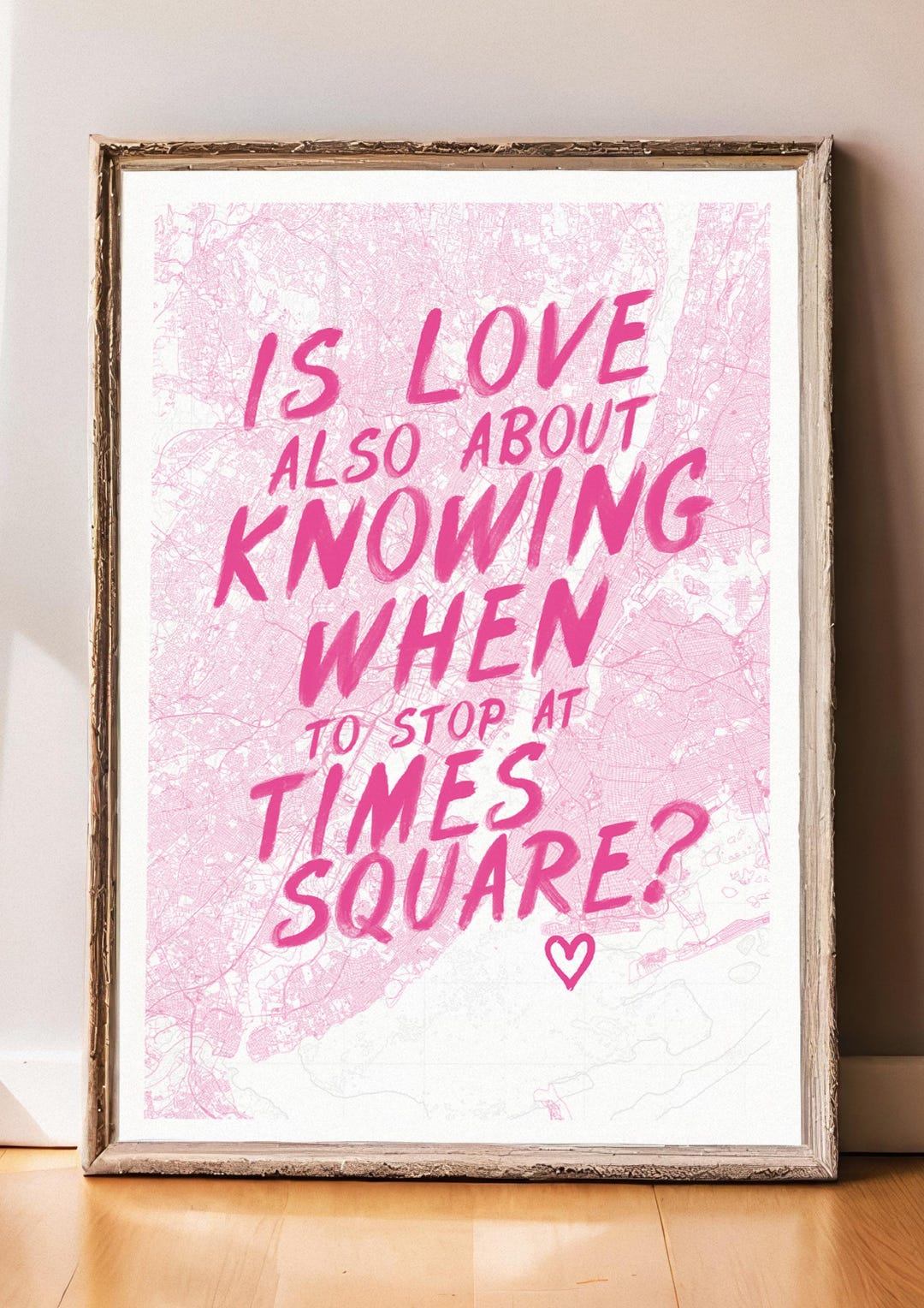 New York – Minimalist Poster, Pink Watermark Map and Pink Brush Writing ...