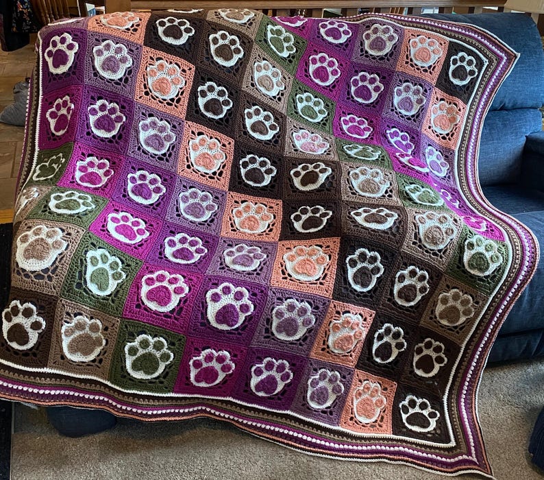 Cat and Dog Paw Print Granny Square Afghan Blanket Crochet Pattern - Etsy