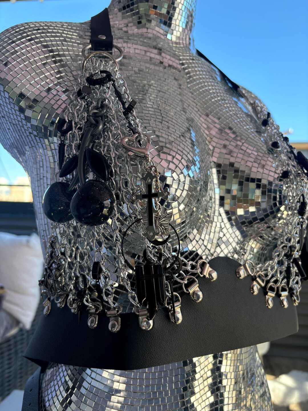Black Leather Rave Charmed Chain Bralette - Etsy