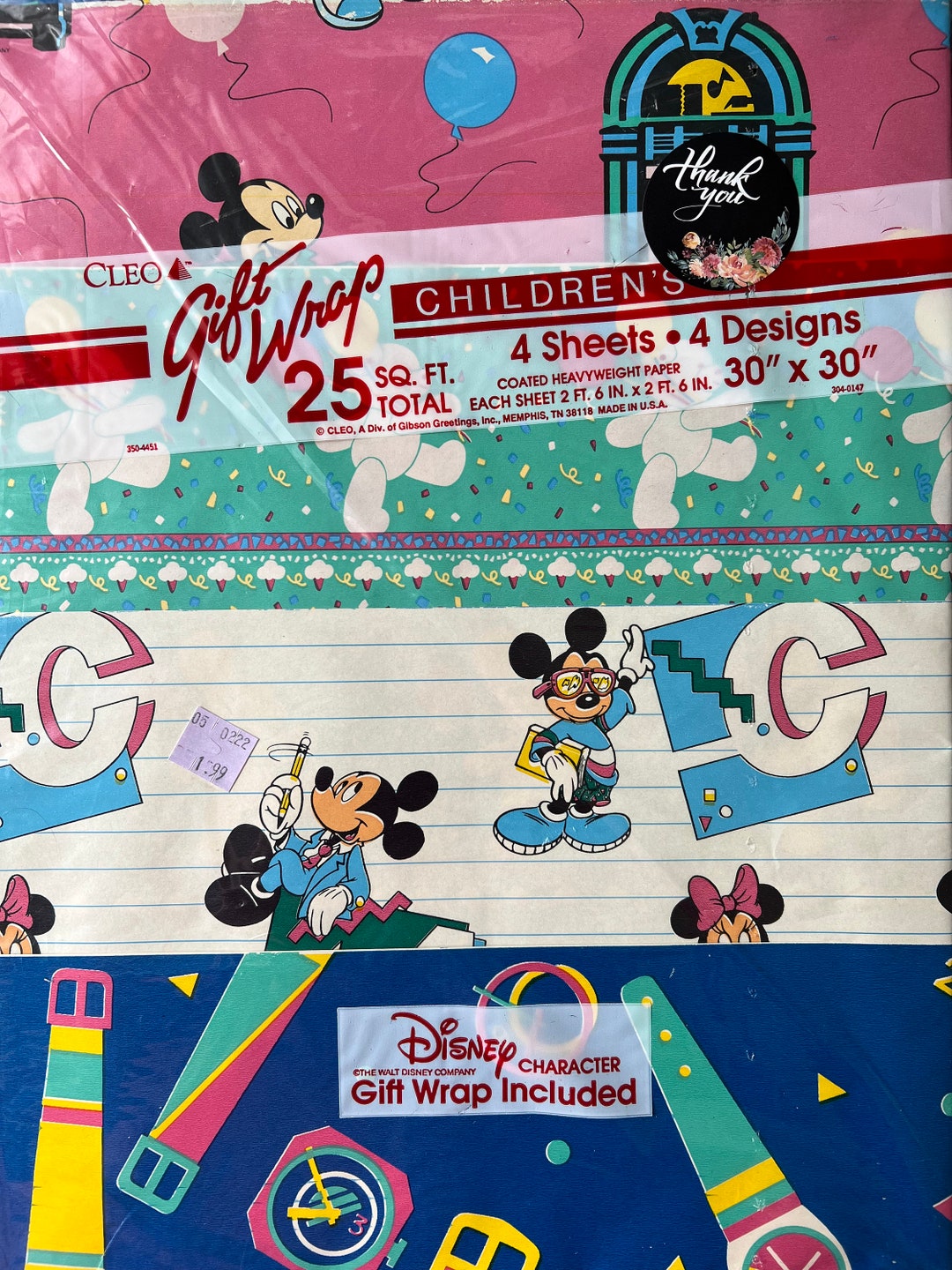 DISNEY MICKEY Mouse Gift Wrap Wrapping Paper Birthday Wrap 4-pcs 30"x30 ...