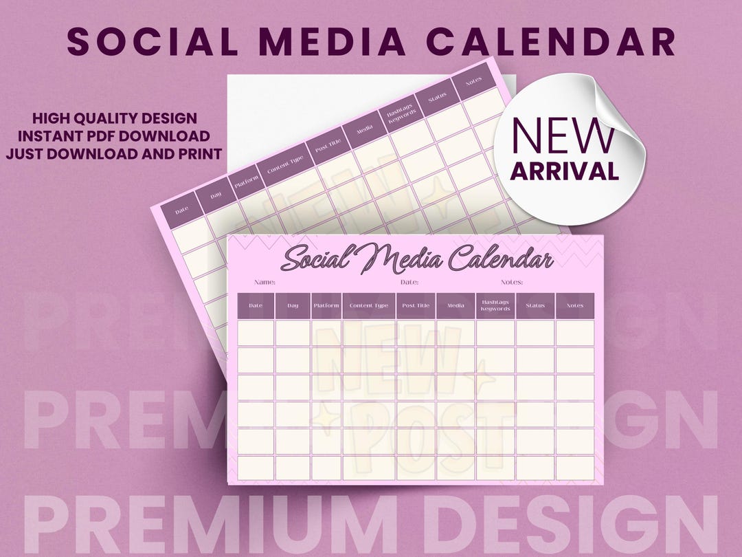 Social Media Calendar Printable PDF | Content Planner for Posts ...
