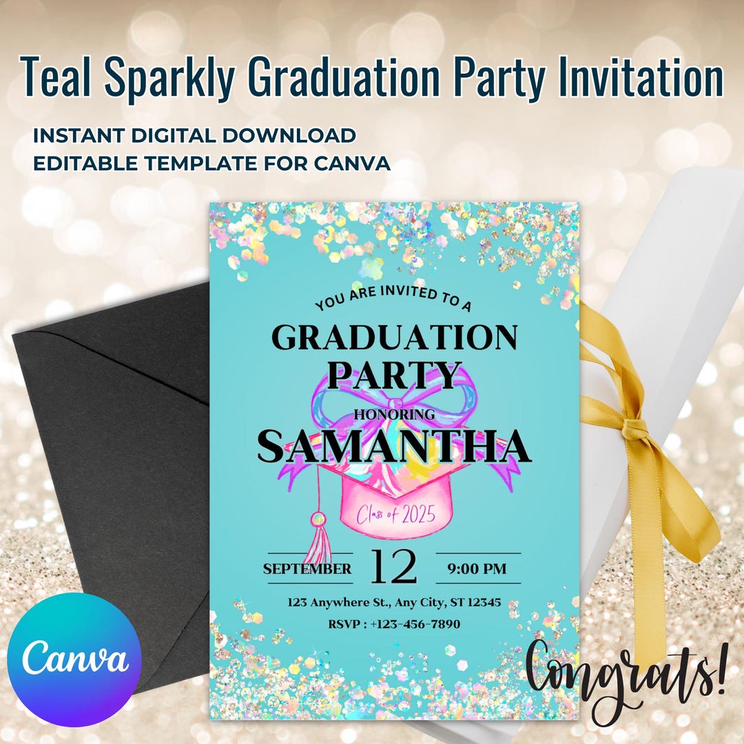 Editable Sparkly Teal Graduation Party Invitation, Graduation Invites ...