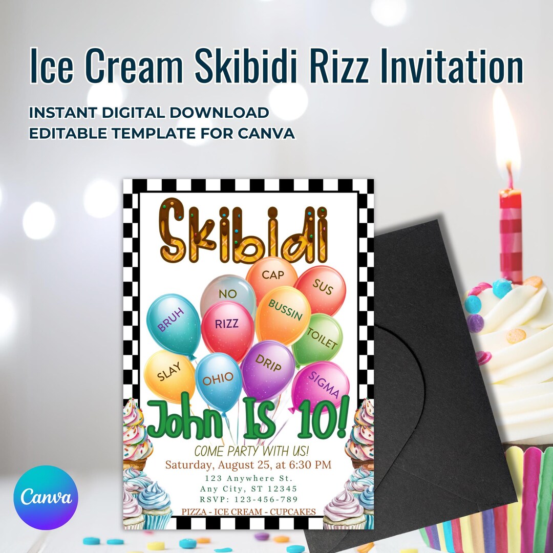 Editable Checkered Ice Cream Skibidi Rizz Invitation, Checkered Invites ...