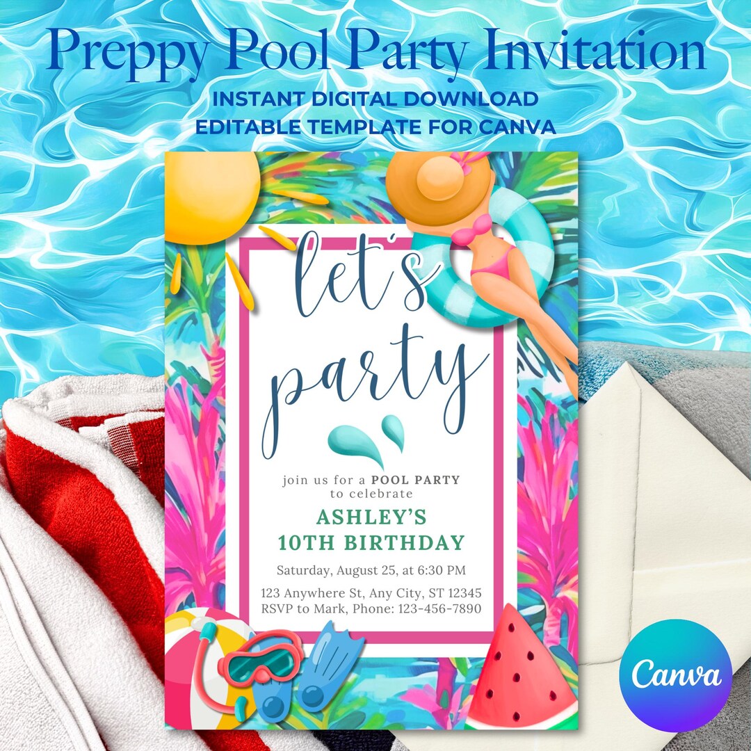 Editable Pool Party Invitation, Preppy Pool Party Birthday, Canva ...