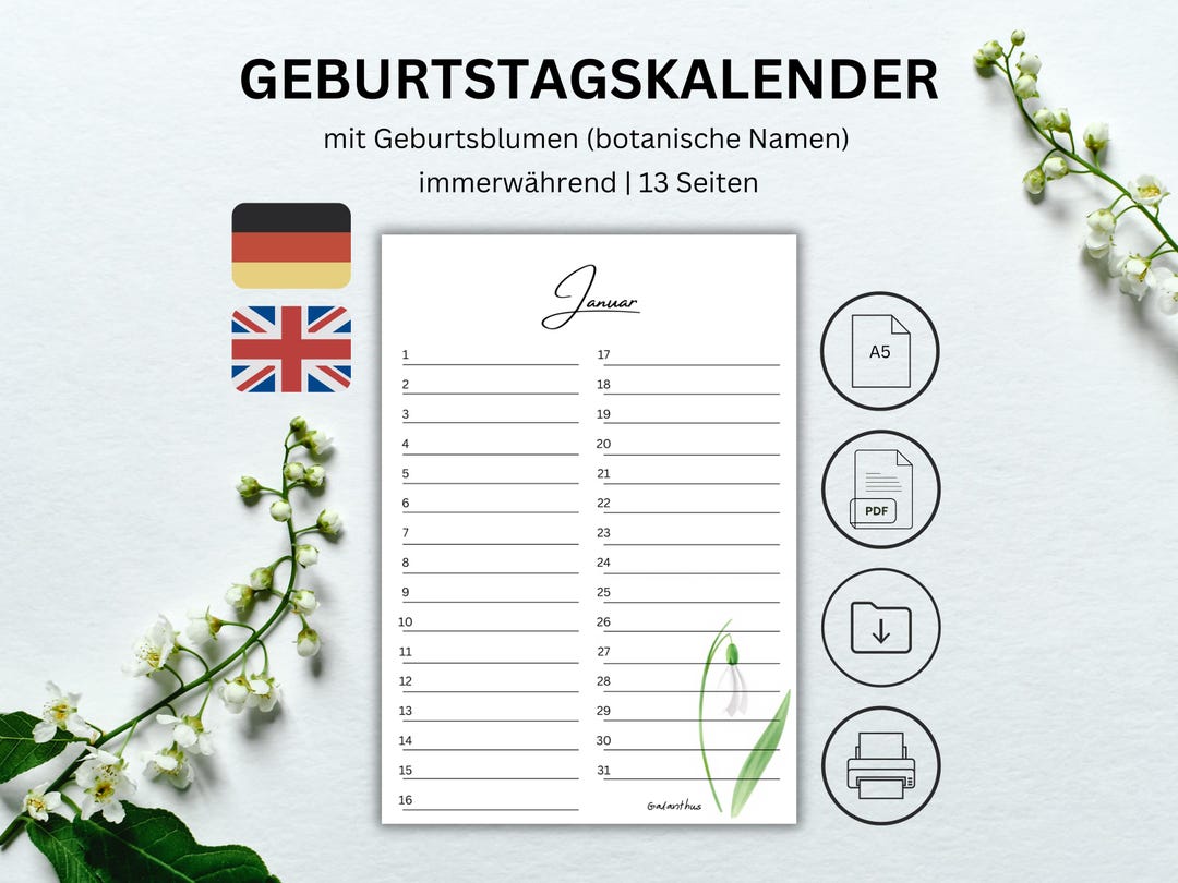 Perpetual Eternal Birthday Calendar With Birth Flowers Latin A5 PDF ...