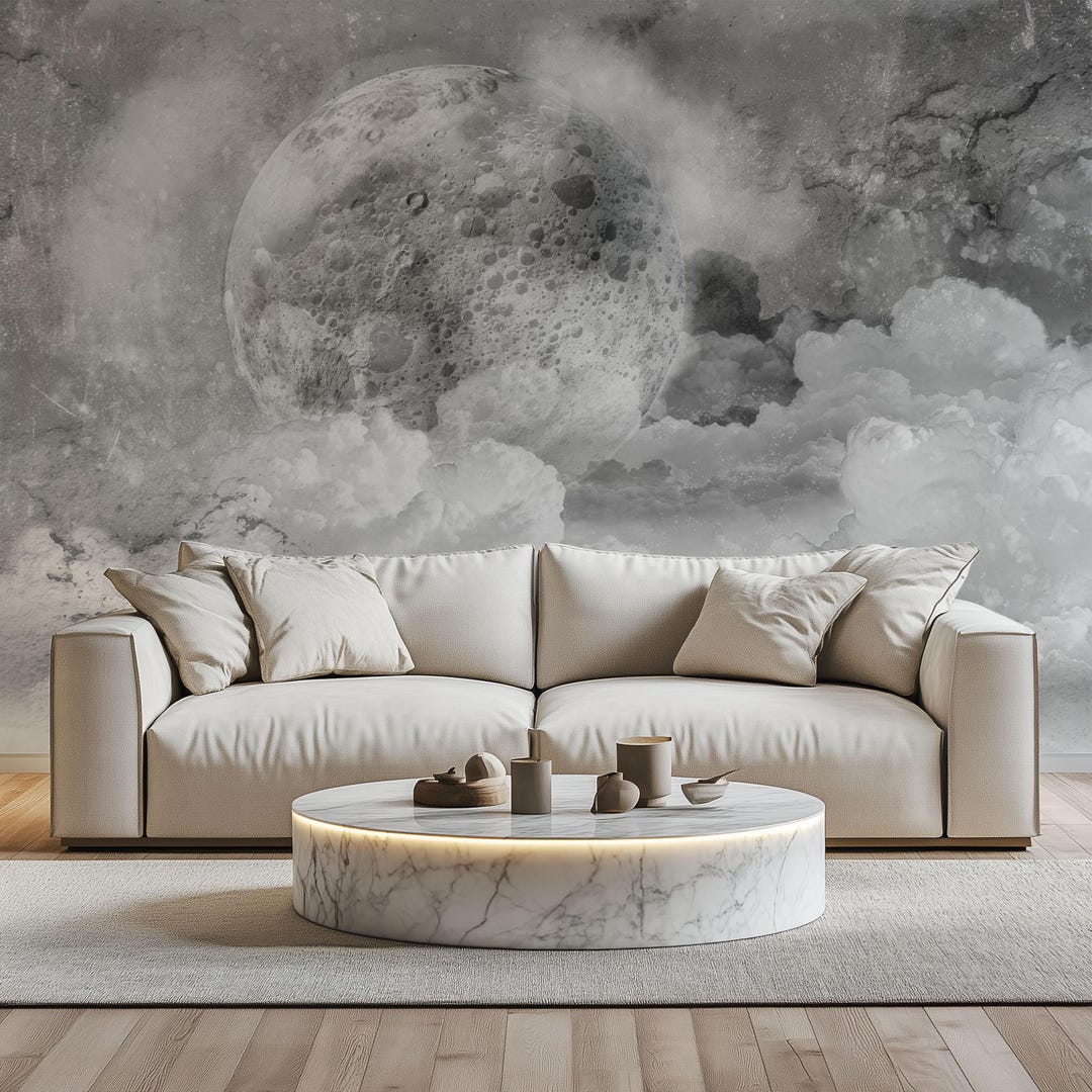 Moon and Clouds Wall Mural: Realistic Grayscale Celestial Wallpaper ...
