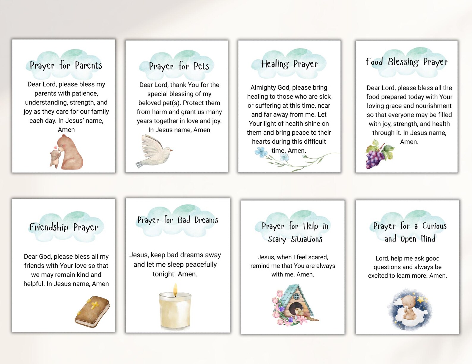 Children's Prayer Cards - 60 Christian Prayer Cards for Kids, Printable ...
