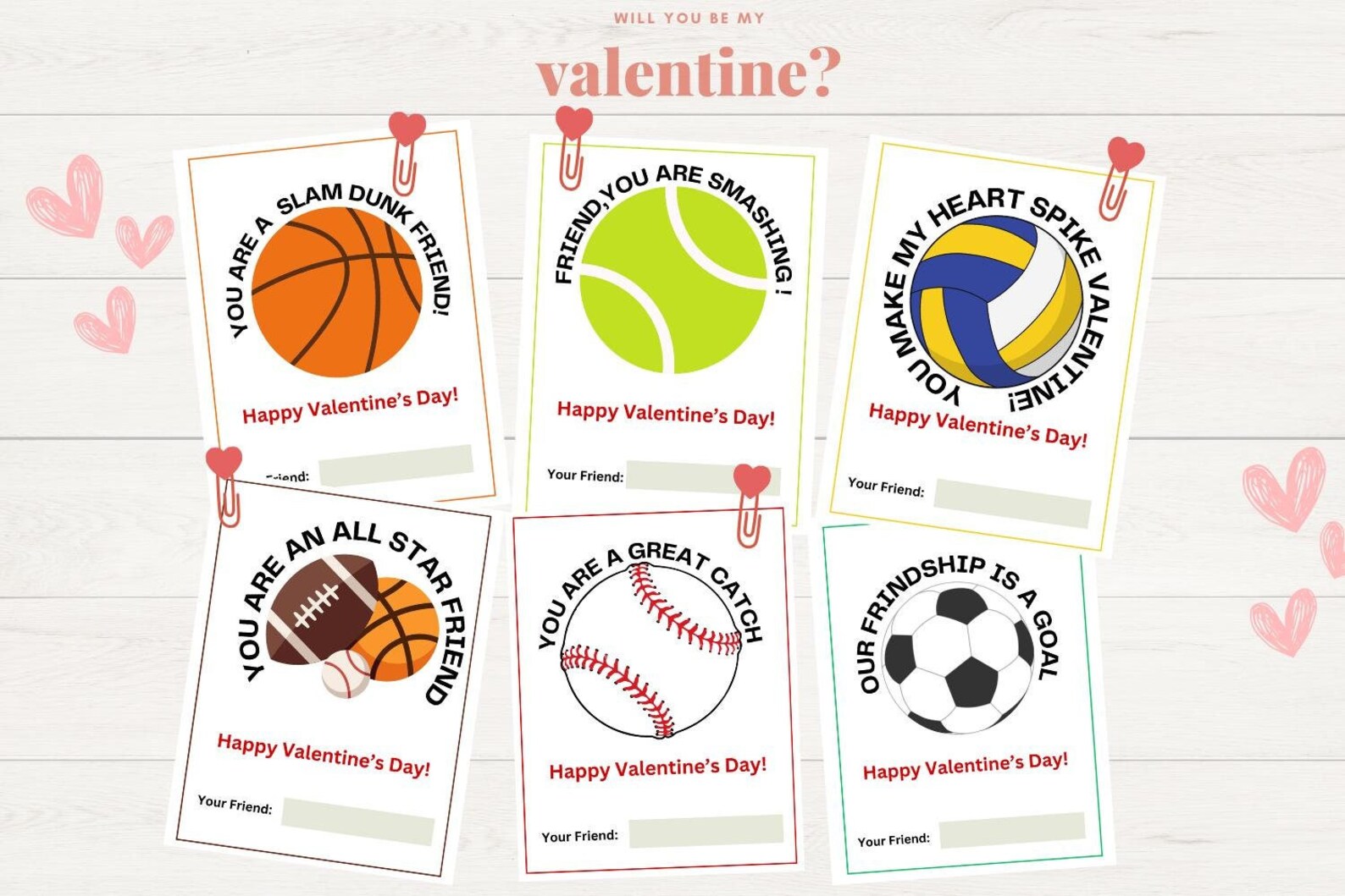 Valentine's Card Printable Kids Sports 12 for School Classroom, Multi ...