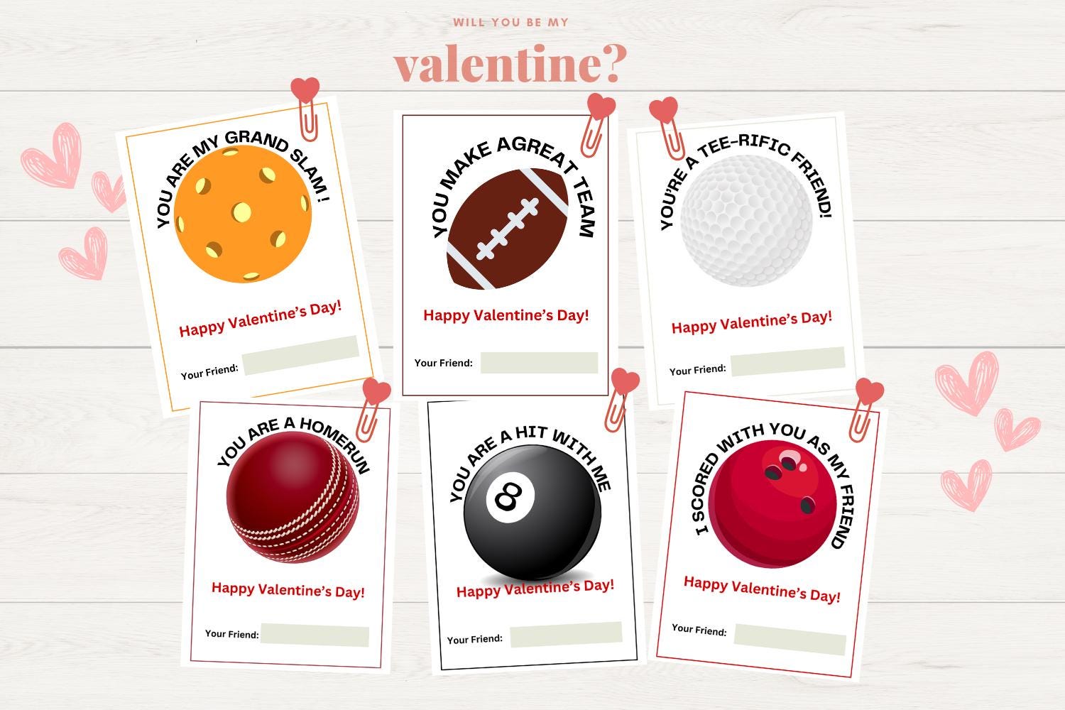 Valentine's Card Printable Kids Sports 12 for School Classroom, Multi ...