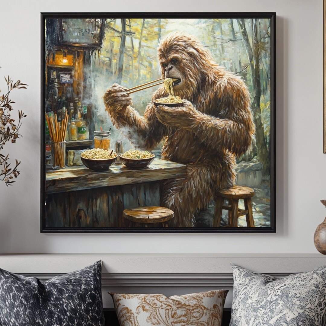Sasquatch Bigfoot Eating Ramen Art Print Funny Art for Bar for Kitchen ...