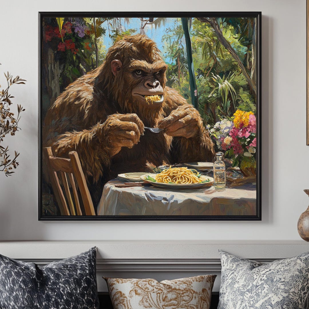 Sasquatch Bigfoot Eating Pasta Art Print Funny Art for Bar for Kitchen ...