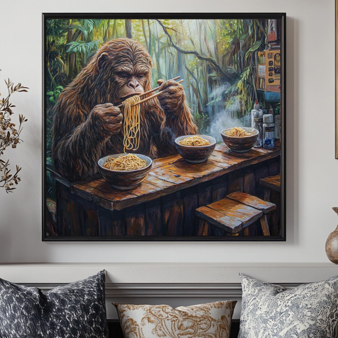 Sasquatch Bigfoot Eating Ramen Art Print Funny Art for Bar for Kitchen ...