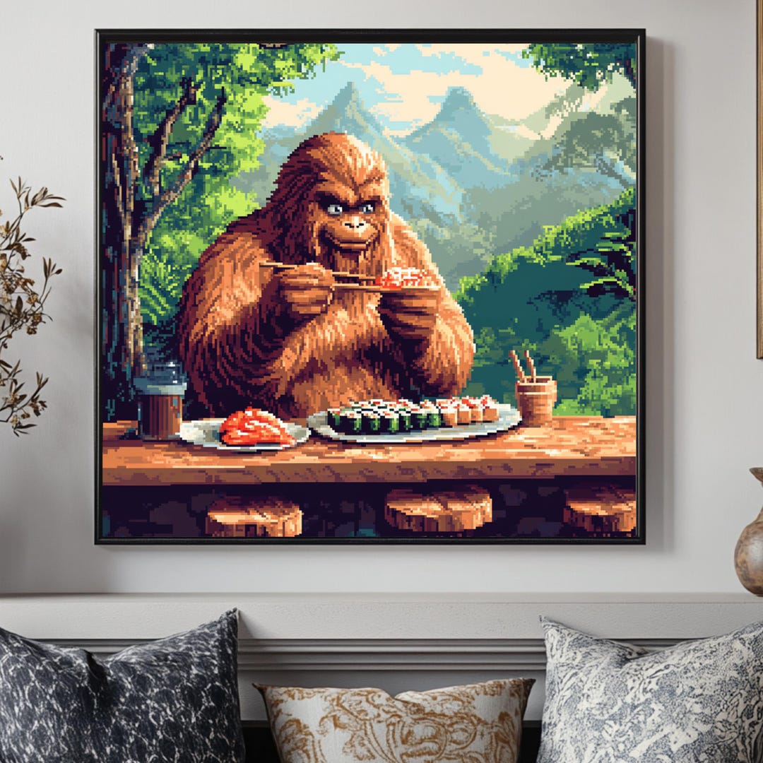 8 Bit Pixel Art Sasquatch Bigfoot Eating Sushi Art Print for Game Room ...