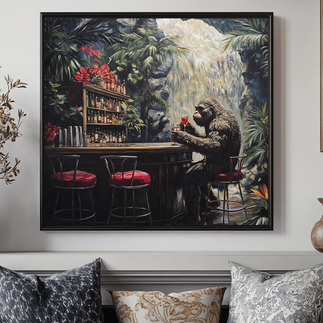 Sasquatch Bigfoot Drinking Gin Bar Art Print Funny for Home Bar for ...