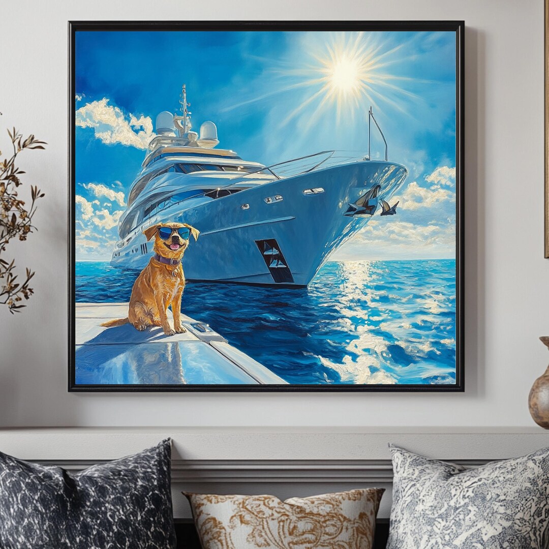 Dog Nautical Yacht Painting Funny Animal Print Dogs in Boat Digital ...